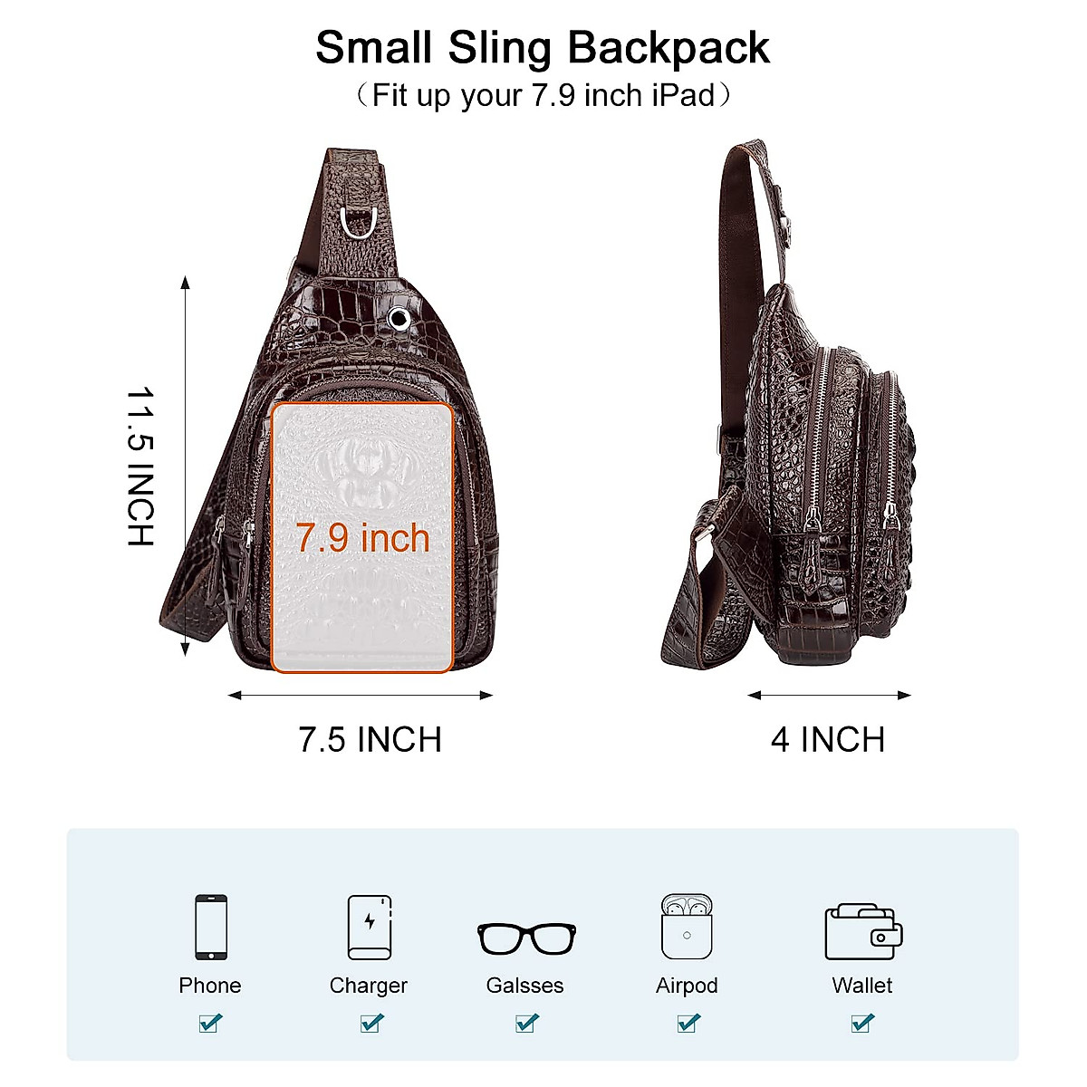 PIJUSHI Crocodile Leather Sling Bag for Men Casual Daypack Sling Backpack(PE020 Coffee RP)