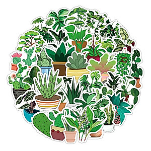 50 Pieces of Garden Potted Green Plant Stickers Kettle Envelope Greeting Card Desk Bedroom Refrigerator Laptop Diary Gift Box Home School Craft Decoration Waterproof Sticker