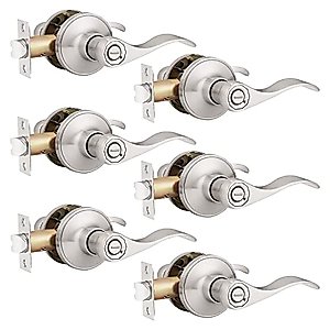 Probrico (6 Pack Privacy Door Lever[Thumb Turn Lock on The Inside],Locking Door Handle Set for Bedroom & Bathroom Doors,Keyless Satin Nickel Finish Wave Door Lock, Reversible Right & Left Side Handed