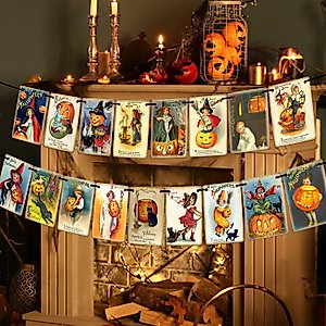 Vintage Halloween Banner Halloween Decorations Victorian Style Pumpkin Banner - 17Pcs Happy Halloween Banner Trick or Treat Bunting Flag Garland Indoor for Holiday Home Office Party Fireplace,