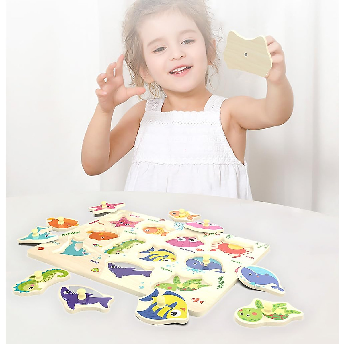 Wooden Peg Puzzle, Sea Creature Chunky Baby Puzzles, Colorful Wood Shape Puzzle Peg Board, Animal Knob Puzzle for Educational Toddlers 18 Months and Up, 11 Pieces