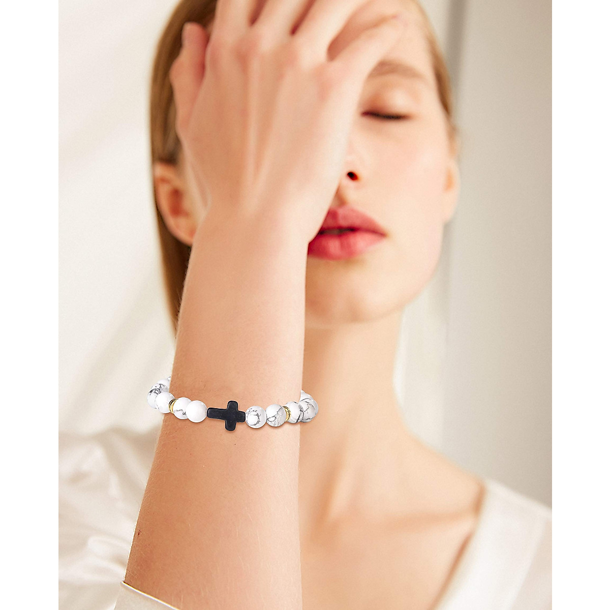 YADOCA 8 Pcs 8MM Beads Bracelet for Men Women Lava Rock Tiger Eye Stone Howlite Natural Stone Stretch Elastic Cross Bracelet Set