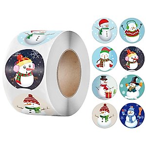 Christmas Stickers, 500 PCS 1.5” Merry Christmas Labels with 6 Snowman Patters, Round Roll Self Adhesive Seals for Xmas Favor Gift Cards Envelopes