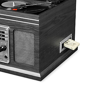 Victrola Nostalgic 6-in-1 Bluetooth Record Player & Multimedia Center with Built-in Speakers - 3-Speed Turntable, CD & Cassette Player, AM/FM Radio | Wireless Music Streaming | Grey | wood