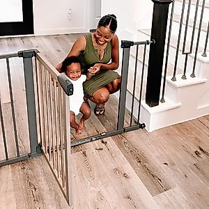 Toddleroo by North States Driftwood Extra Wide Auto Close Baby Gate: Self-Closing Child Gate with Hold-Open Feature. Pressure Mounted Baby Gate, Fits 29.75” to 52” Wide. (30" Tall, Graphite and Wood)