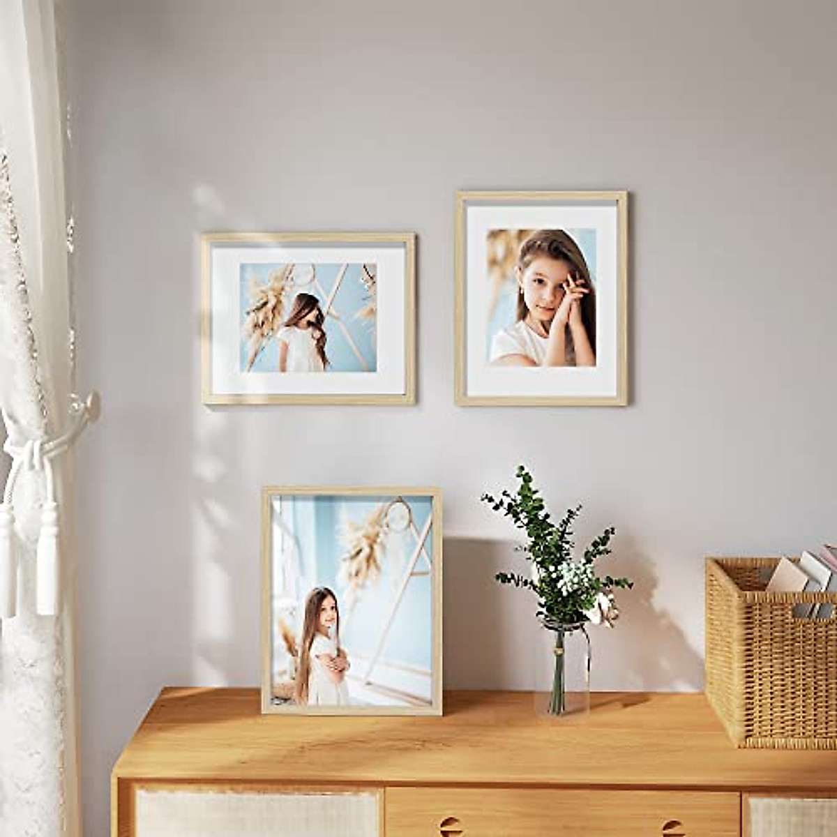 Afuly 11x14 Picture Frame 8x10 Picture with Mat 11 by 14 Frame without Mat Natural Wood Texture Wall Mounted Gallery Display Weddings Birthday Graduation Gifts for Family, Set of 2, Oak Beige