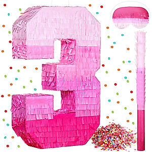 Number piñata Number Birthday piñata Decorations Gradient Pink piñata with Stick Blindfold Confetti for Girls Boys Birthday Anniversary Party Decorations Supplies (Number 3)