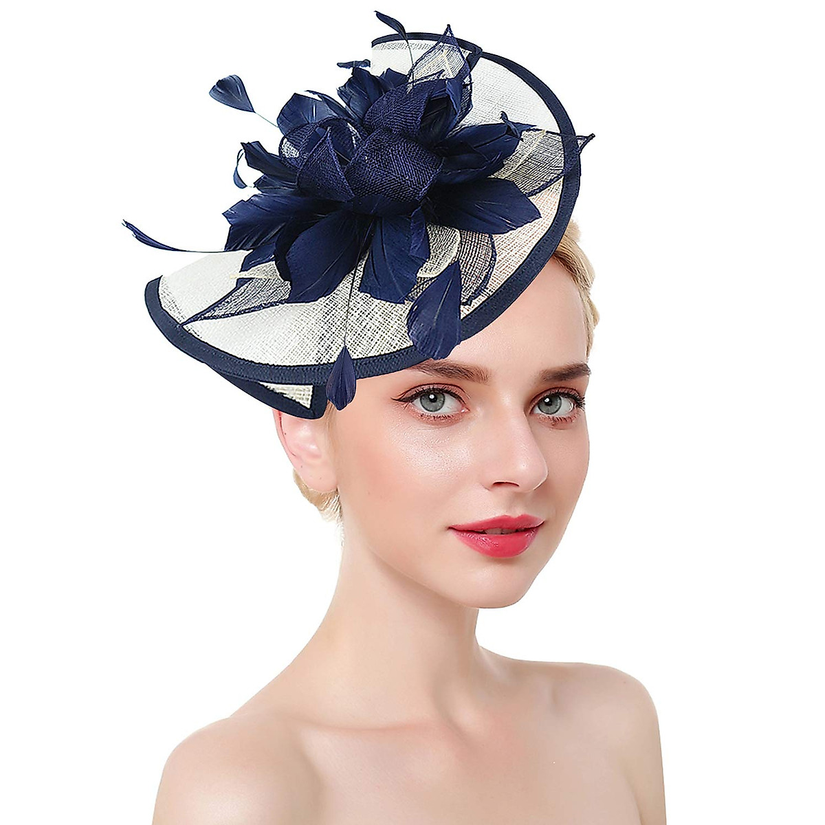 Z&X Navy Blue And White Fascinator Hat Sinamay Feather Floral Derby Hat For Women, Fascinator 1- Navy Blue+White, ONE SIZE
