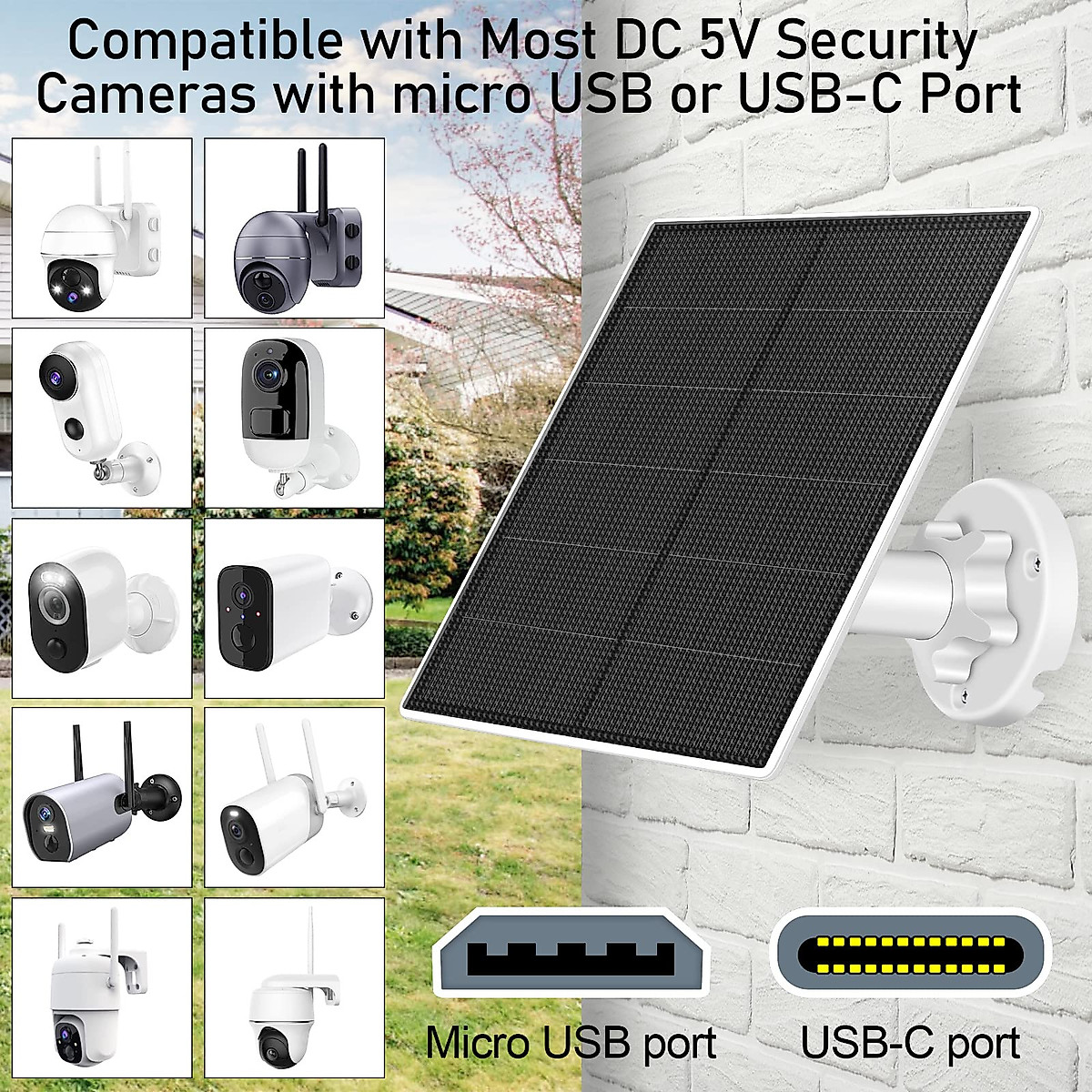 Solar Panel for Security Camera,5W USB Solar Panel for DC 5V Security Camera with Micro USB or USB-C Port,IP65 Waterproof Solar Charger for Camera with 360°Adjustable Mounting(2 Pack)