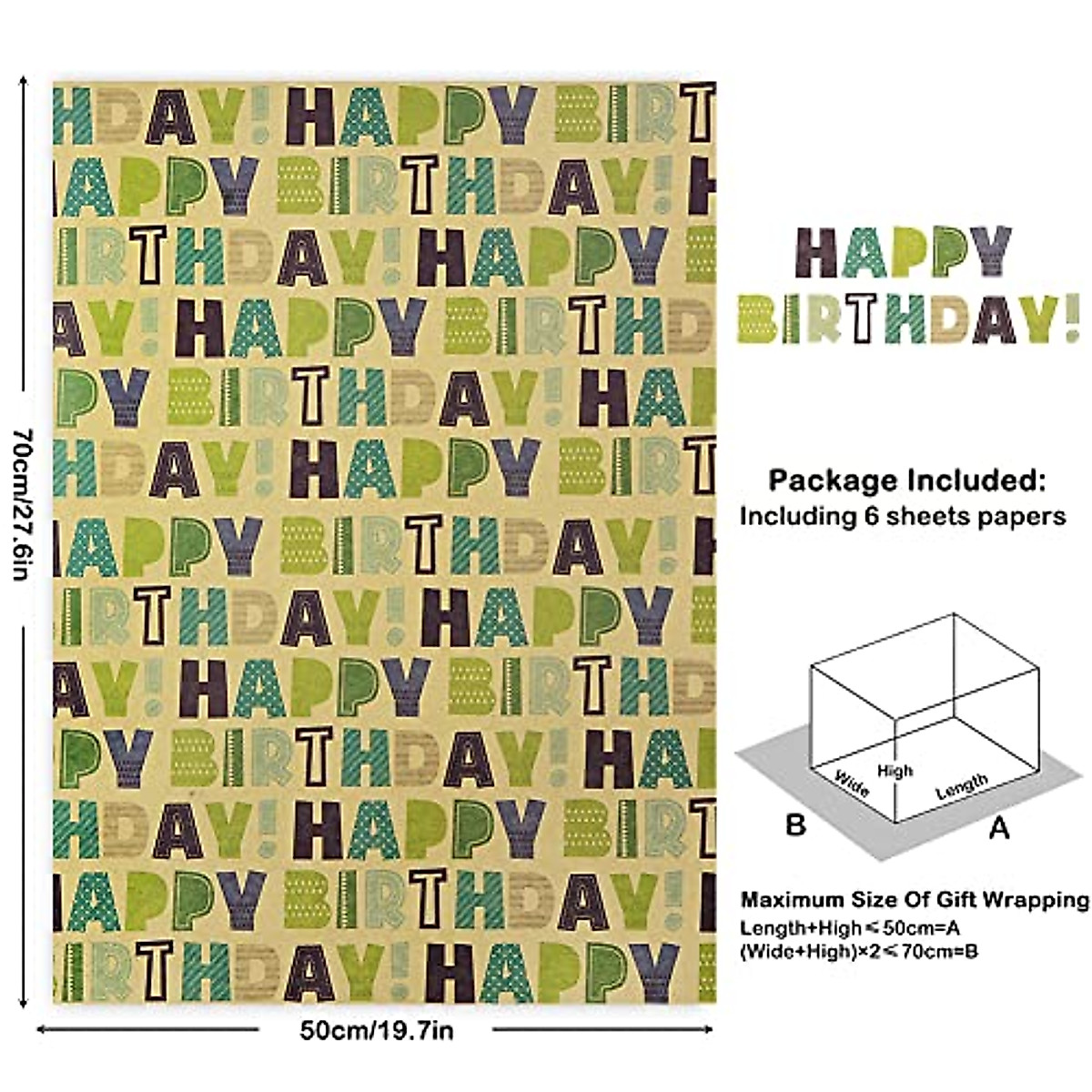 Happy Birthday Green Wrapping Paper For Men Women Boys Girls Kids,Gift Wrap, 20 x 28 inches per sheet (6 sheets: 23 sq. ft. ttl.) Brown KRecycled raft Folded Paper for Baby Shower Daddy All Birthday Occasions