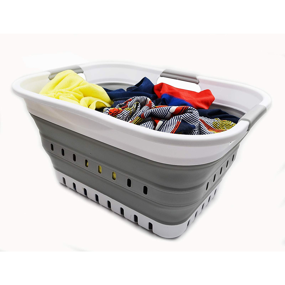 SAMMART Set of 2-30L (8 gallon) Collapsible Plastic Laundry Basket - Foldable Pop Up Storage Container/Organizer - Portable Washing Tub - Space Saving Hamper/Basket (2, Grey + Dark Green)