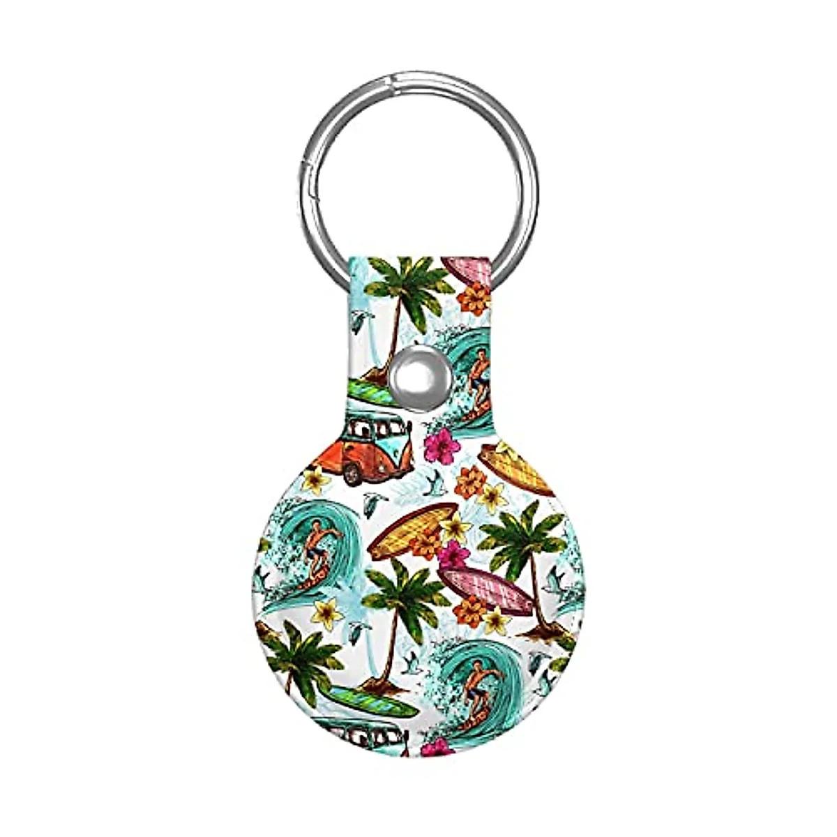 Hawaiian Surfer Retro Palm Trees Flowers Leather AirTag Case Compatible with Apple AirTag, 1-Pack Keychain Anti-Scratch Protective Skin Cover for Dogs Keys Backpack (2021)
