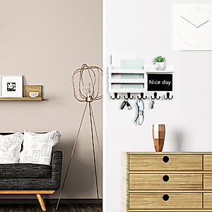 HRONRAD Key and Mail Holder for Wall, Farmhouse Wall Mounted Key Hooks with Floating Shelf,Wooden Hanging Key Organizer Storage, 5 Double Hooks and Blackboard for Entryway (White)