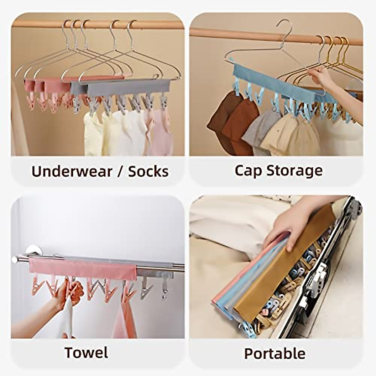 Pansyling Foldable Travel Clothespin Hangers Cloth Clip for Underwear Sock Drying Rack with Clips for Laundry Folding Travel Vecro Hanger Clips Clothesline with 6 Clips, Red Set of 4