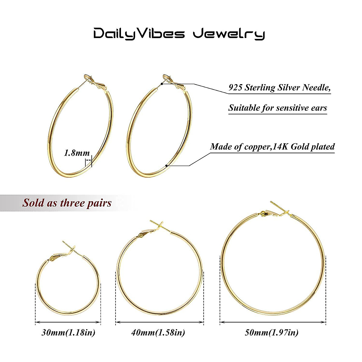 Big Gold Hoop Earrings for Women Hypoallergenic 925 Sterling Silver Post Thin Loop 14K Gold Plated Hoop Earrings Set for Women, 3 Pairs (14K Gold 30mm,40mm,50mm)