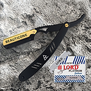 BEAUTICONE Straight Razor for Men, Professional Barber Razor with 100 Single Edge Blades, Straight Edge Single Blade Razors for Men, (Black & Gold with 100 blades)