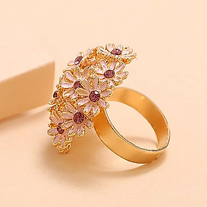 Exquisite Daisy Flower Statement Ring for Women Gold Plated Pink Cubic Zirconia Open Band Wrap Expandable Adjustable Big Finger Rings Comfort Fit Indian Style Exaggerated Mother's Day Jewelry