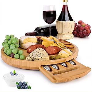 WoneNice Oval Cheese Board Set with Hidden Cutlery Drawer and 4 Stainless Steel Knife & 4 Cheese Forks, 16X13 inches Extra Spaces Serving Board, Gifts for Christmas, Birthday/Parties, Wedding/Annivers