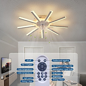 HuixuTe 27" Geometric Ceiling Fan with Lights, 3 Colors 6 Speeds Personalized Ceiling Fan with Light Remote Control, White Low Profile Ceiling Fan with Light for Kitchen Bedroom