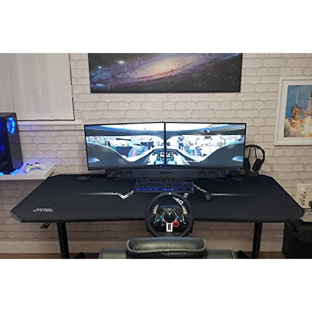 Furmax Gaming Desk T-Shaped Pc Computer Table with Carbon Fiber Surface Free Mouse Pad Home Office Desk Gamer Table Pro with Game Handle Rack Headphone Hook and Cup Holder (Black, 55 Inch)