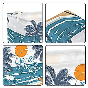 Clastyle Summer Beach Sun Sea Shelf Basket for Bedroom Coconut Trees Blue Rectangle Clothes Toys Cube Storage Basket, 36L