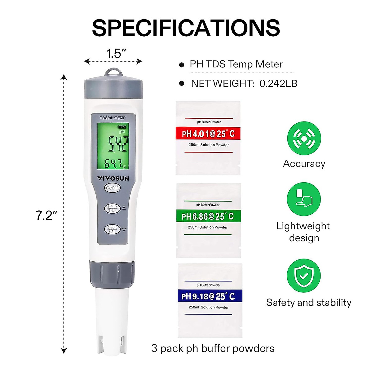 VIVOSUN 3-in-1 Digital pH Meter with ATC, Soil Tester for Moisture, pH and Light-Indoor and Outdoor Use