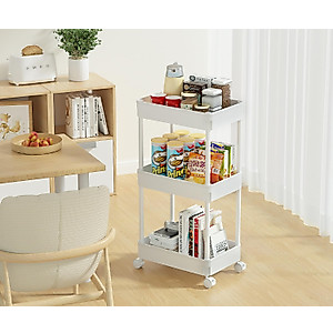 Sooyee 3-Tier Plastic Rolling Utility Cart with Wheels, Multi-Functional Storage Trolley for Office, Living Room, Kitchen, Movable Storage Organizer with Wheels, White