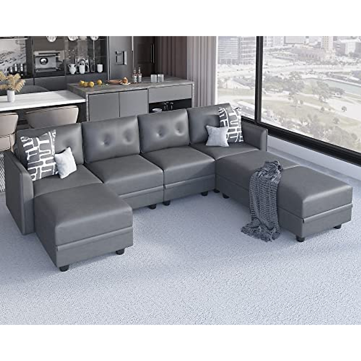 LLappuil Modular Sectional Sofa with Reversible Chaise, Faux Leather Fabric 7 Seater Modular Sofa with Storage, Convertible U Shape Sectional Couch with Ottomans, Dark Grey