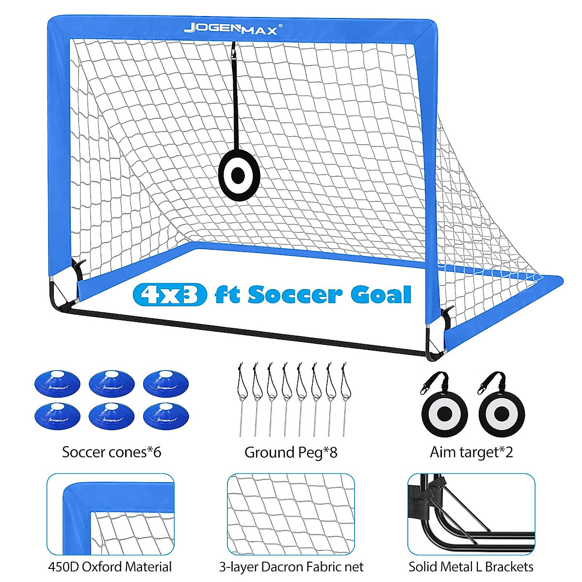 JOGENMAX Portable Kids Soccer Goal, Pop Up Goal Nets with Led Lights,Set of 2, with Agility Training Cones, Carry Case Gift for Kids Teen Boy & Adults Size 4‘X3’(Blue)