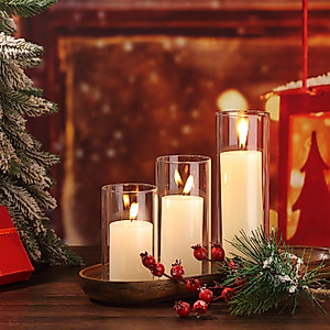 Shihanee Set of 3 Ivory White Pillar Candles and 3 Glass Cylinder Candle Holders for Slim Candles Wedding Halloween Thanksgiving Day Christmas Centerpieces, 2.6'' x 4.7'', 5.9'', 7.9''