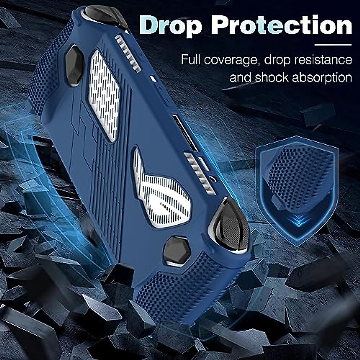 SUIHUOJI for Rog Ally Stand Protective Case, Silicone Accessories Protector, Soft Cover Skin Shell with 2 Pairs Thumb Grips Caps, Full Protection Kickstand for ASUS Rog Ally Handheld (Blue)