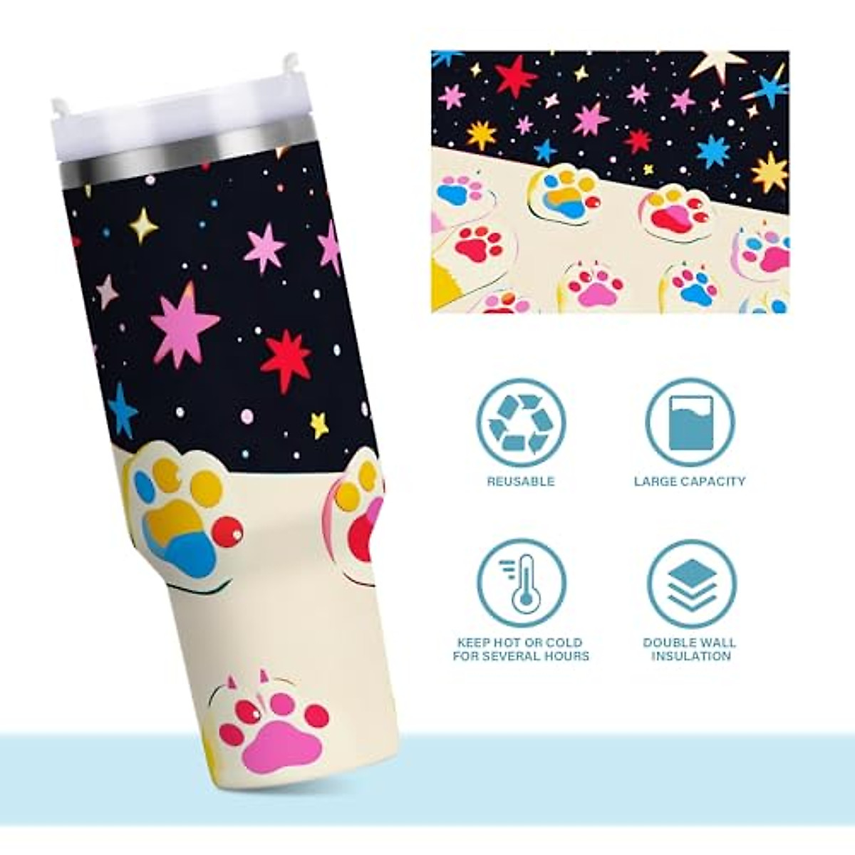 Nexawaveo Animal Paws Stars Stainless Steel Tumbler with Handle and Straw Fits in Standard Cup Holder Iced Coffee Cups for Smoothie Cocktail Beer Soda Fruit Juice