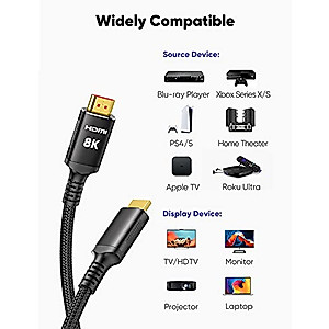 Snowkids 8K HDMI Cable 2.1 10FT/3M 48Gbps, 48Gbps High Speed 3D 8K60 4K120 144Hz Braided HDMI Cord eARC HDR10 HDCP 2.2&2.3 Compatible with Roku TV/PS5/HDTV/Blu-ray Black