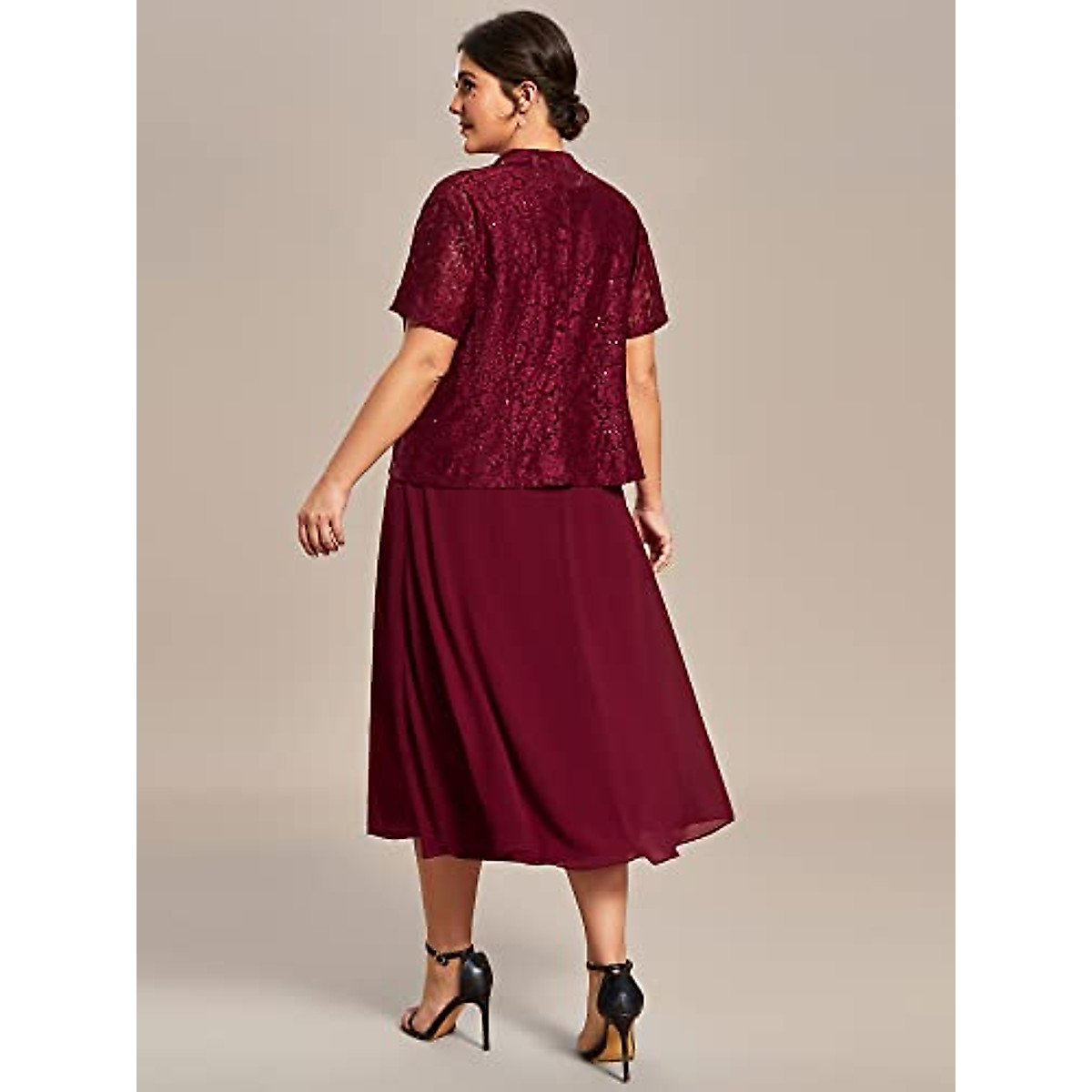 Ever-Pretty Plus Women's Curve Square Neck Lace Cardigan Chiffon Knee Length Plus Size Evening Dress Burgundy US22
