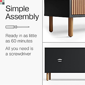 Stead Contemporary Fluted TV Stand 2023 Collection- 70” Entertainment Center Console Table with Storage for Living Room - Fits 32 to 80" TVs (Black and Oak)