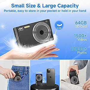 Digital Camera for Teens, FHD 4K 44MP Digital Camera with 64GB SD Card 16X Digital Zoom, Digital Camera Compact Point and Shoot Camera for Teens Boys Kids Camera Digital Black(Black)