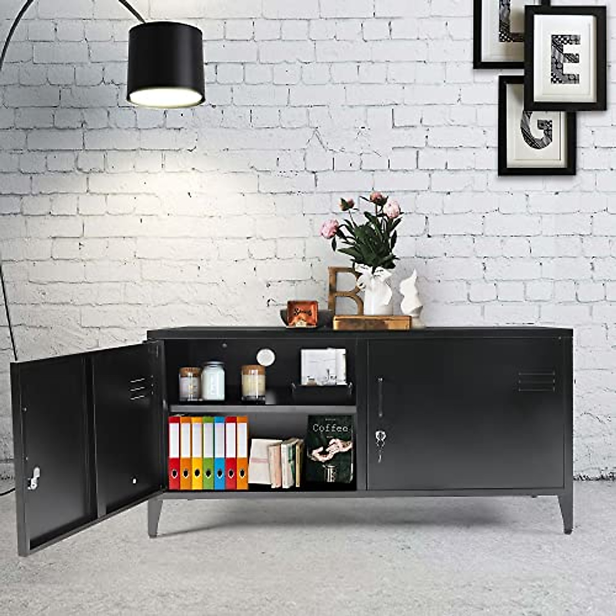 HOPUBUY Metal Storage Cabinet with Lock, Steel Locker Cabinet with Removable Shelves and 2 Locking Doors, Black Storage Cabinets for Home, Garage, Office, Bedroom