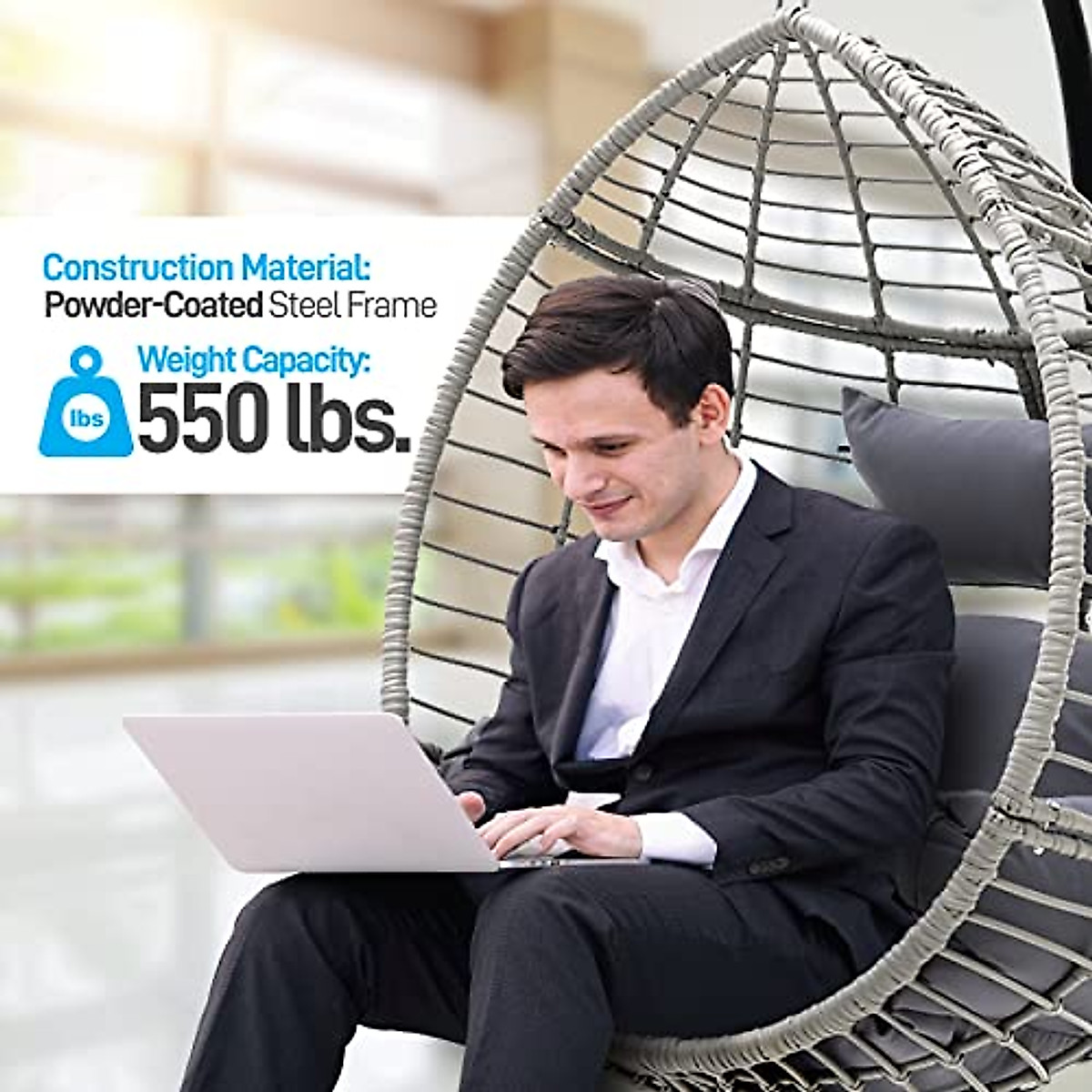 SereneLife Hanging Egg Chair with Stand - Indoor Outdoor Patio Wicker Rattan Lounge Chair with Stand, Steel Frame, UV Resistant Washable Cushions for Garden Backyard Deck Sunroom SLGZ0EGG (Gray)