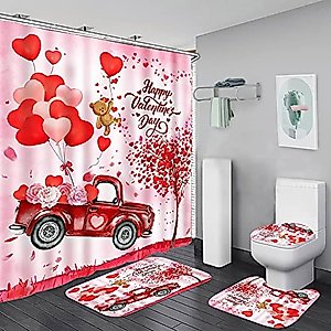 Ochine 4 Pcs Valentine's Day Shower Curtain Sets, Bathroom Shower Curtain Set with Non-Slip Rug, Toilet Lid Cover and Bath Mat, Romantic Rose Flower Gnomes Vintage Truck Bathroom Decor with 12 Hooks