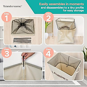 Wondersome Laundry Hamper with Wheels - Farmhouse Cream - 90-Liter Extra Large Collapsible Rolling Clothes Cart - Heavy Duty Locking Metal Wheel Tall Rectangular Canvas Storage Basket - US-Based Brand