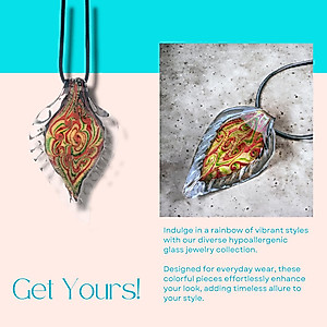 BESHEEK Handmade Murano Inspired Blown Abstract Glass Lampwork Art Pendant Necklace for Women Handcrafted Artisan Hypoallergenic Italian Style Jewelry (Clear Goldtone Leaf Red/Green)
