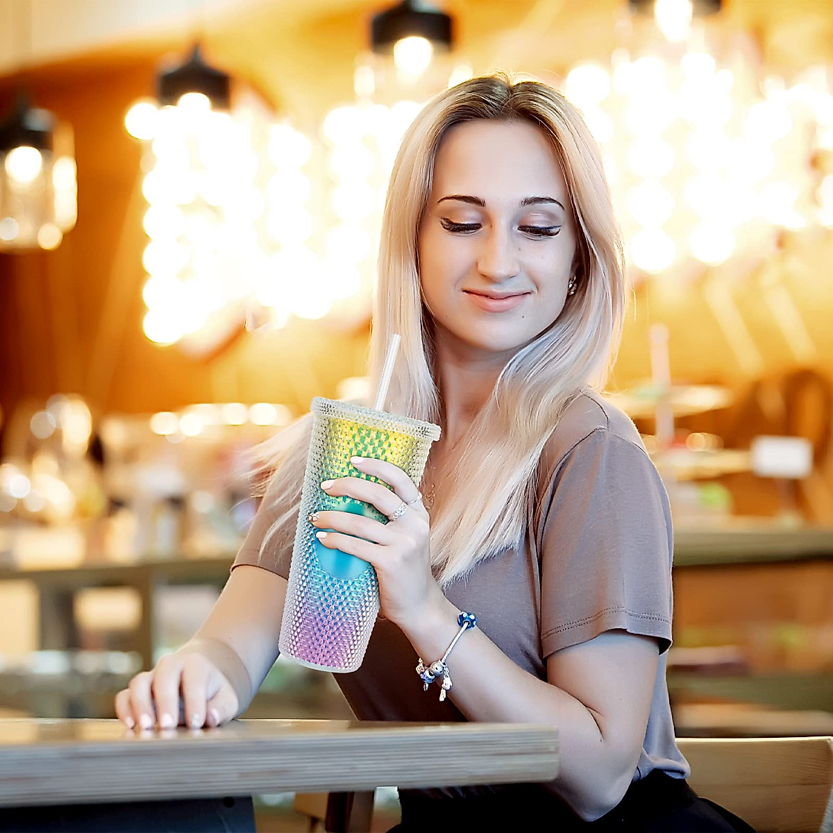 Luxfuel 24oz DIY Studded Tumbler with Lid and Straw,Reusable Plastic Acrylic Cup,Double Walled Iridescent Travel Tumbler for Iced Coffee,Cold Water,Smoothie,Wide Mouth,Spill Proof,100% BPA Free -2Pack