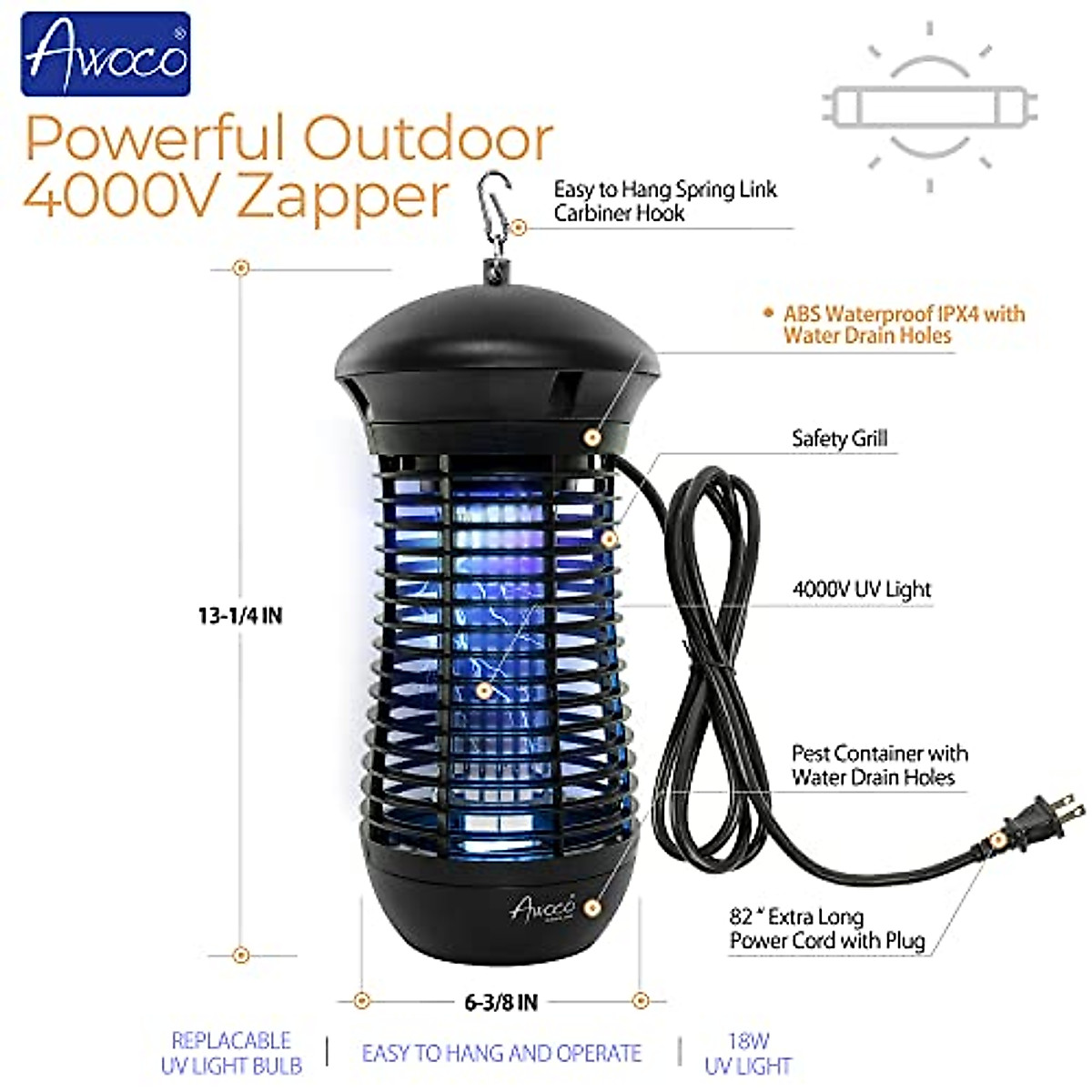 Awoco 18 W Outdoor Bug Zapper 4000V High Powered Electric Killer Fly Trap with 82” Extra Long Power Cord for Eliminating Flying Insects, Flies, Mosquitoes, and Moths
