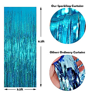 Melsan 2 Pack 3.2 ft x 8.2 ft Teal Tinsel Foil Fringe Curtains Backdrop, Sparkle Metallic Foil Curtains for Birthday Party Decoration