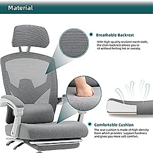 Sweetcrispy Ergonomic Lumbar Pillow and Retractable Footrest, Swivel Rolling Padded Armrests Headrest Height Adjustable Home Office, High Back Reclining Mesh Chair, Light Grey