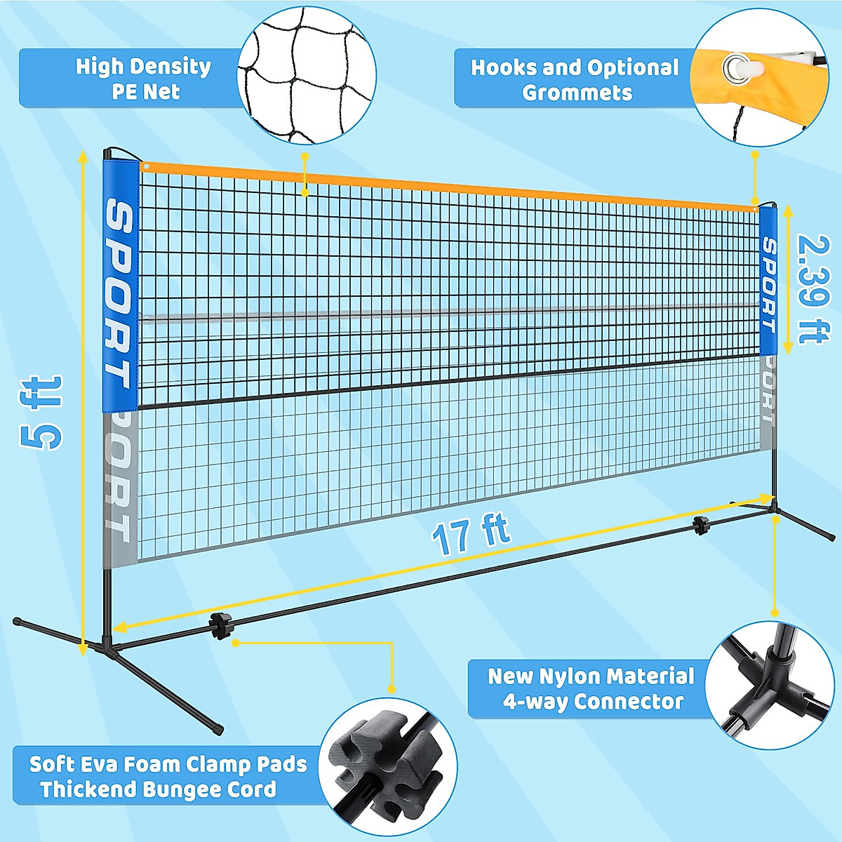Pickleball Net, Pickleball Set with Net, Indoor Outdoor 17ft x 3-5ft Height Adjustable Pickle Ball Net, Pickleball, Badminton, and Volleyball All-in-One Net w/Pickleball Paddles, Badminton Rackets
