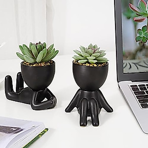 Yastouay 2 Pack Fake Succulents Plants Artificial Succulents Cute Faux Succulents in Black Human Shaped Pots Office Desk Decor for Women