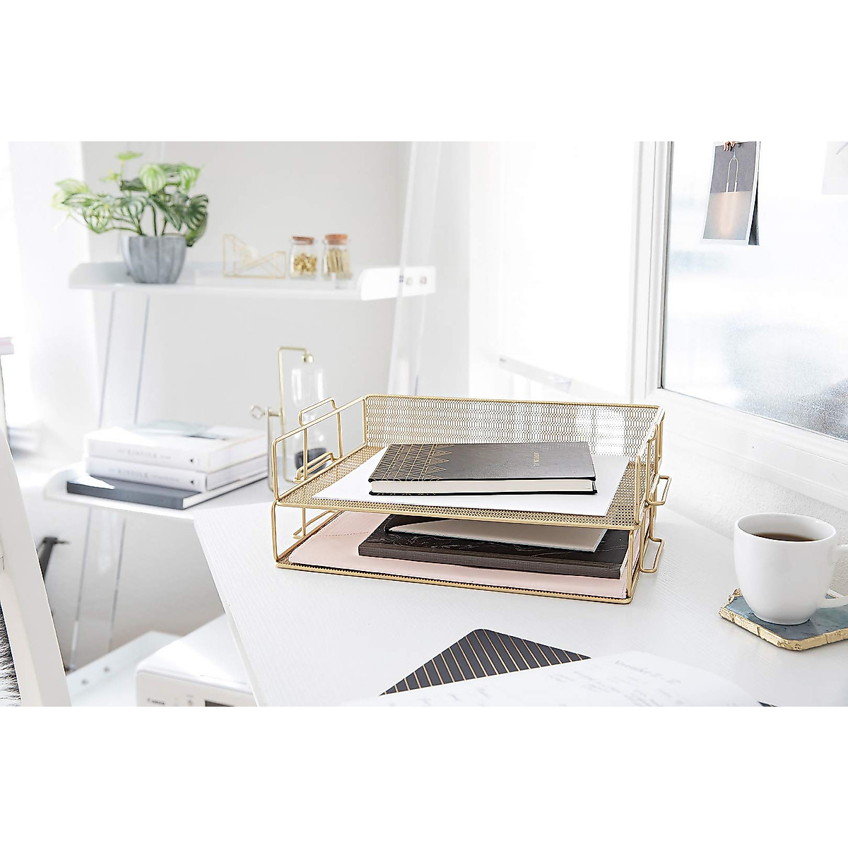 Blu Monaco Gold Desk Organizer Tray 2 Tier - Metal mesh Inbox Paper File Tray Office Supplies Stackable Desk Organizers and Accessories for Office Organization Desk Accessories & workspace Organizers