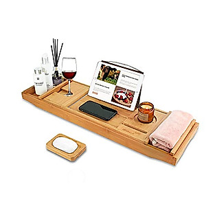 IFELES Bamboo Bathtub Caddy Tray for Tub with Bath Accessories,Bath Trays Shelf for Luxury Bath, Vanity Tray for Tub in Bathroom (Natural)