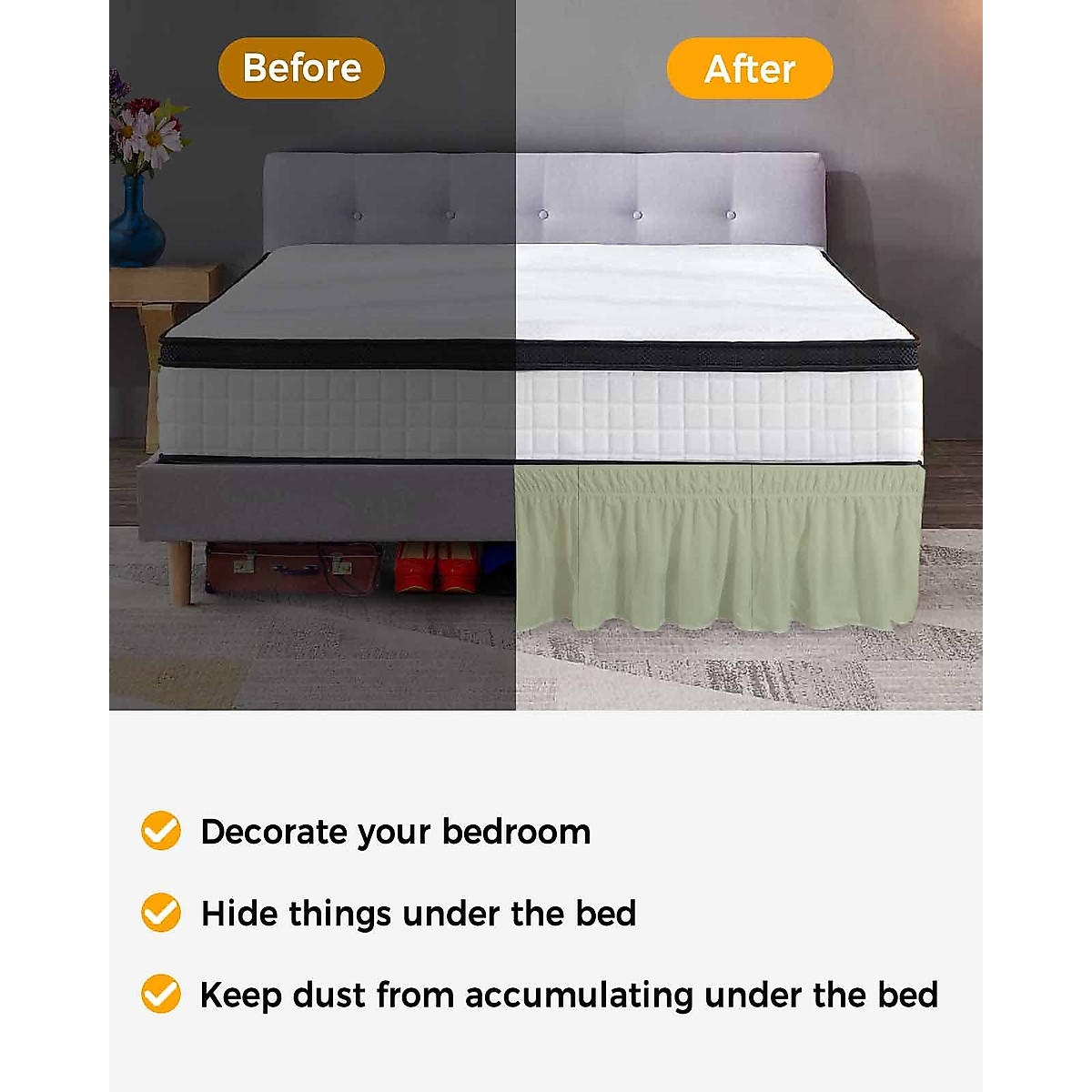 Sage Green Bed Skirt Cal King Size 16 Inch Drop, Adjustable & Elastic Wrap Around Bed Skirts Pleated Luxury Dust Ruffles for Twin Full Queen Cal King Base Bed, Abstract Modern Minimalist Soild Color